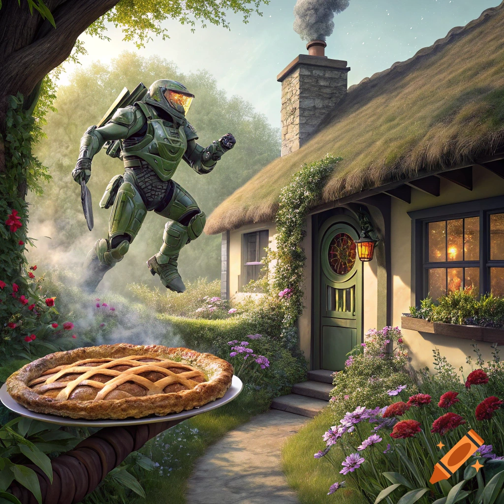Master Chief floating towards a pie in a fairytale cottage window on ...