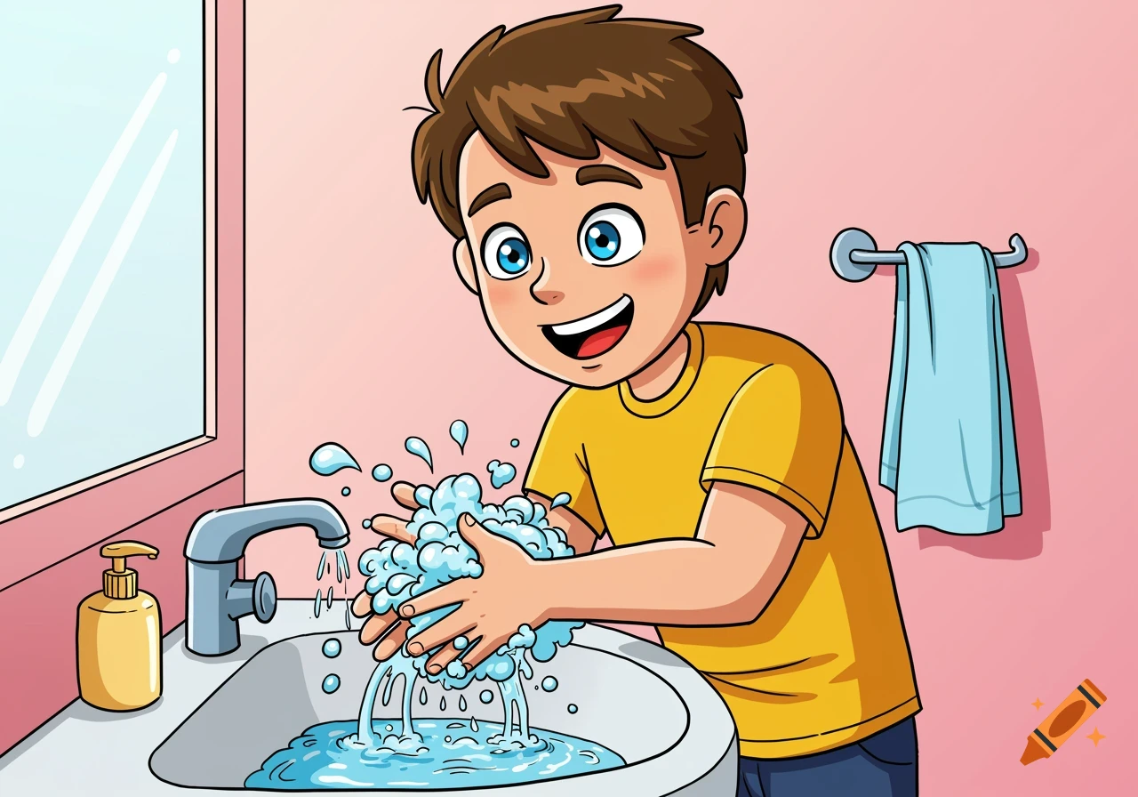Cartoon illustration of a young boy washing his hands in a bathroom ...