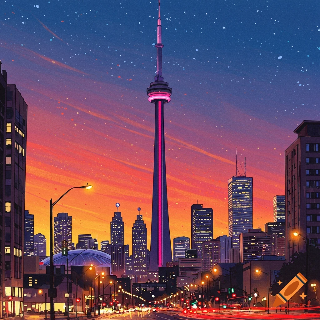 A vibrant image of the CN Tower towering over the Toronto skyline at ...