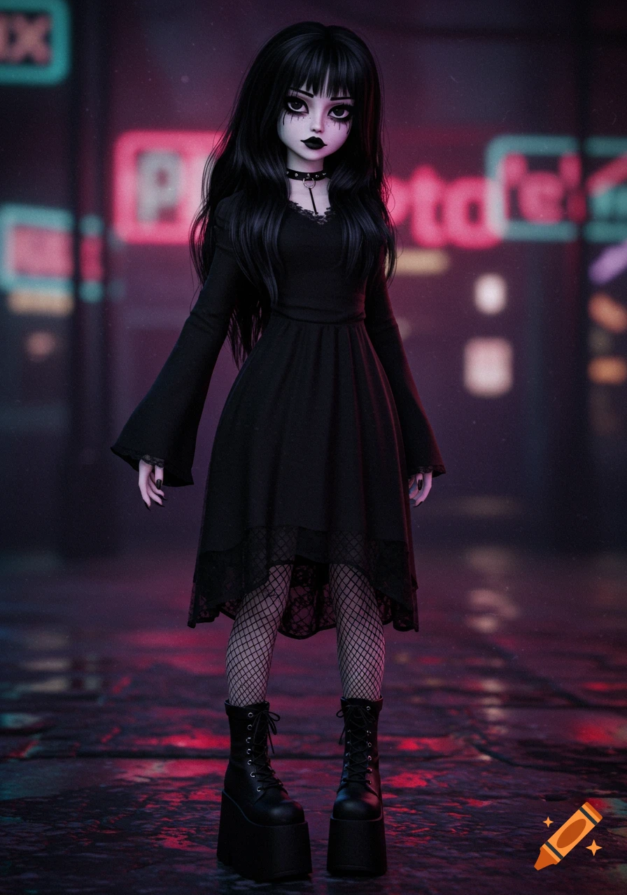 Goth girl in black dress, fishnets, and platform boots stands in a street with neon lights. on ...