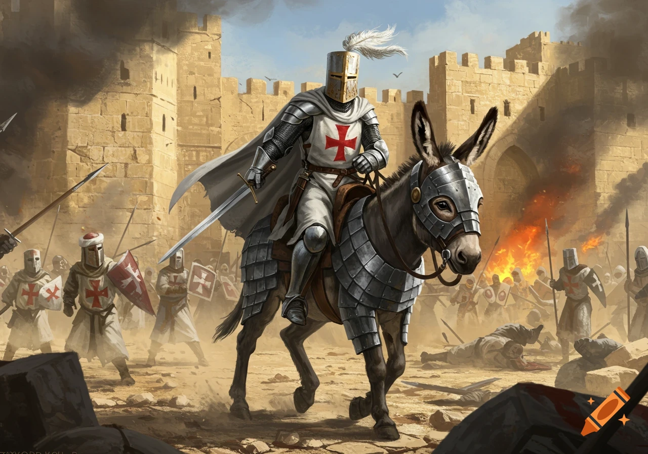 Templar knight riding armored donkey into battle on Craiyon