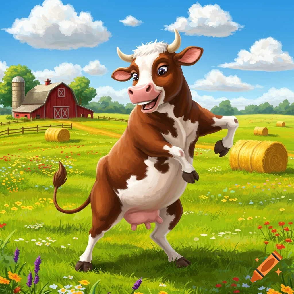 Friendly cow with bold outlines in a field for kids' coloring on Craiyon