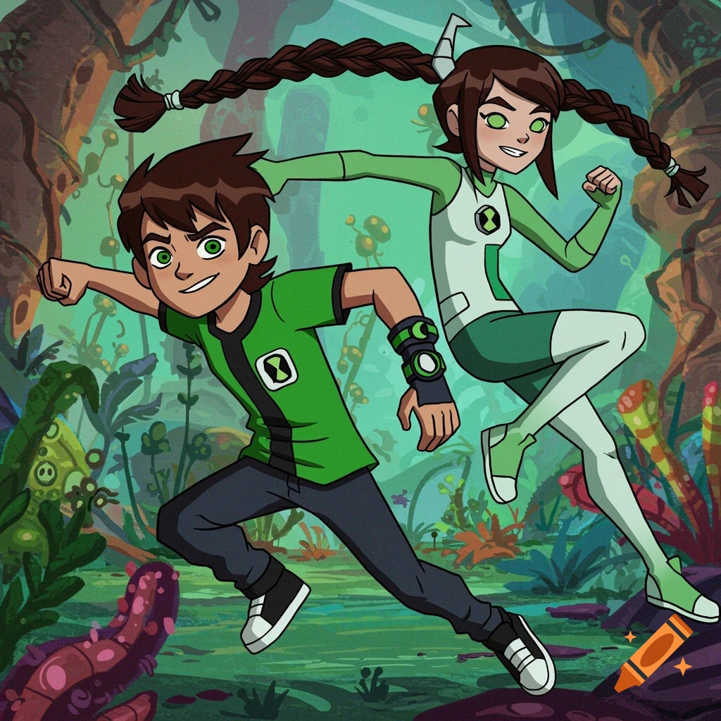 Cartoon illustration of Ben 10 posing with glowing Omnitrix in a cosmic ...