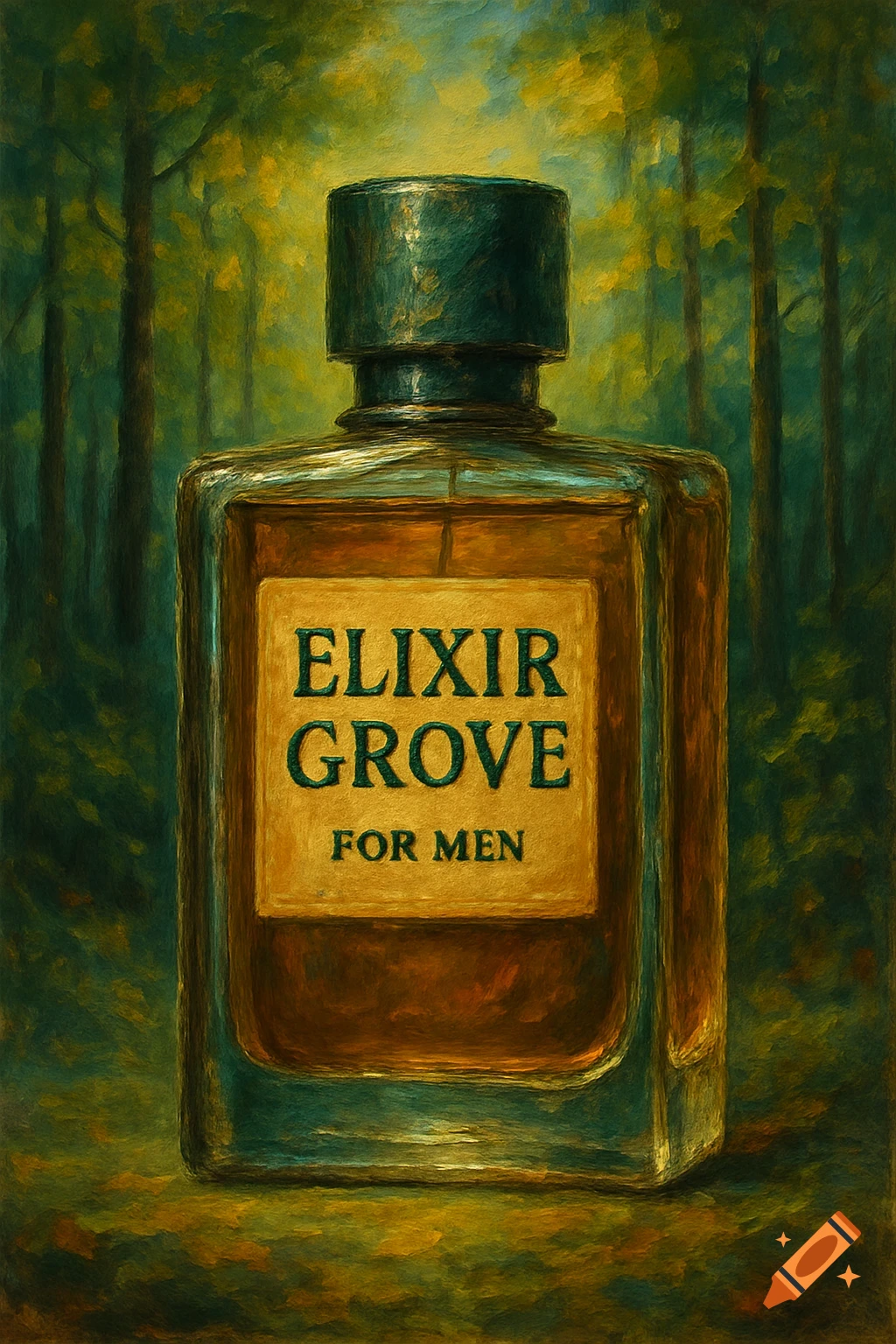 Painterly image of a fragrance bottle labeled Elixir Grove For Men in a ...