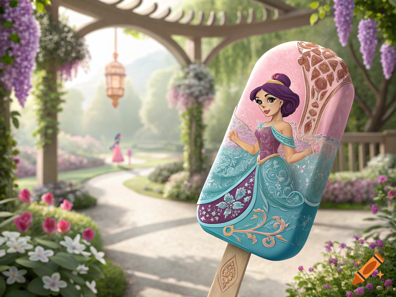 Princess Jasmine themed pink, blue, and purple popsicle on Craiyon
