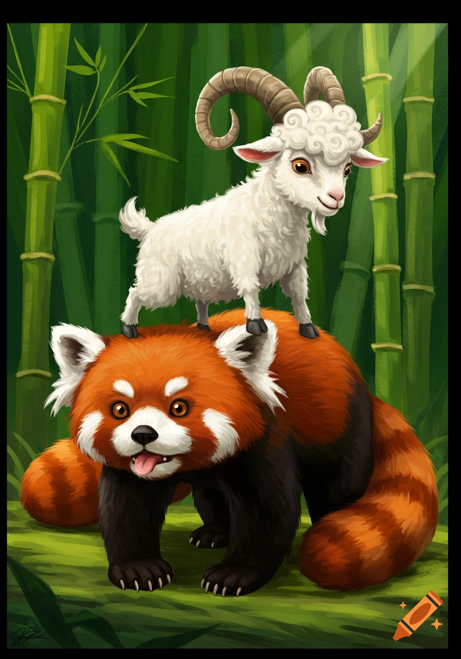 A cartoon goat stands on the back of a red panda in a bamboo forest. on ...