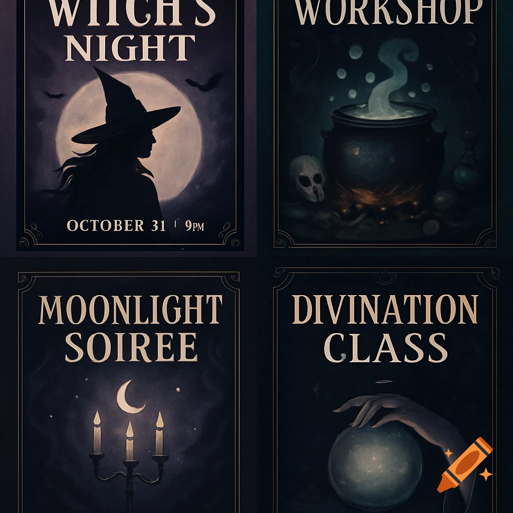 Four dark, witchy-themed posters: Witch's Night, Workshop, Moonlight ...