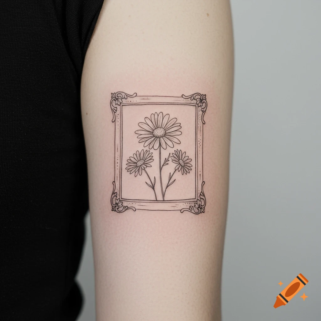 Black and grey tattoo of an oval floral frame with wildflowers on an ...