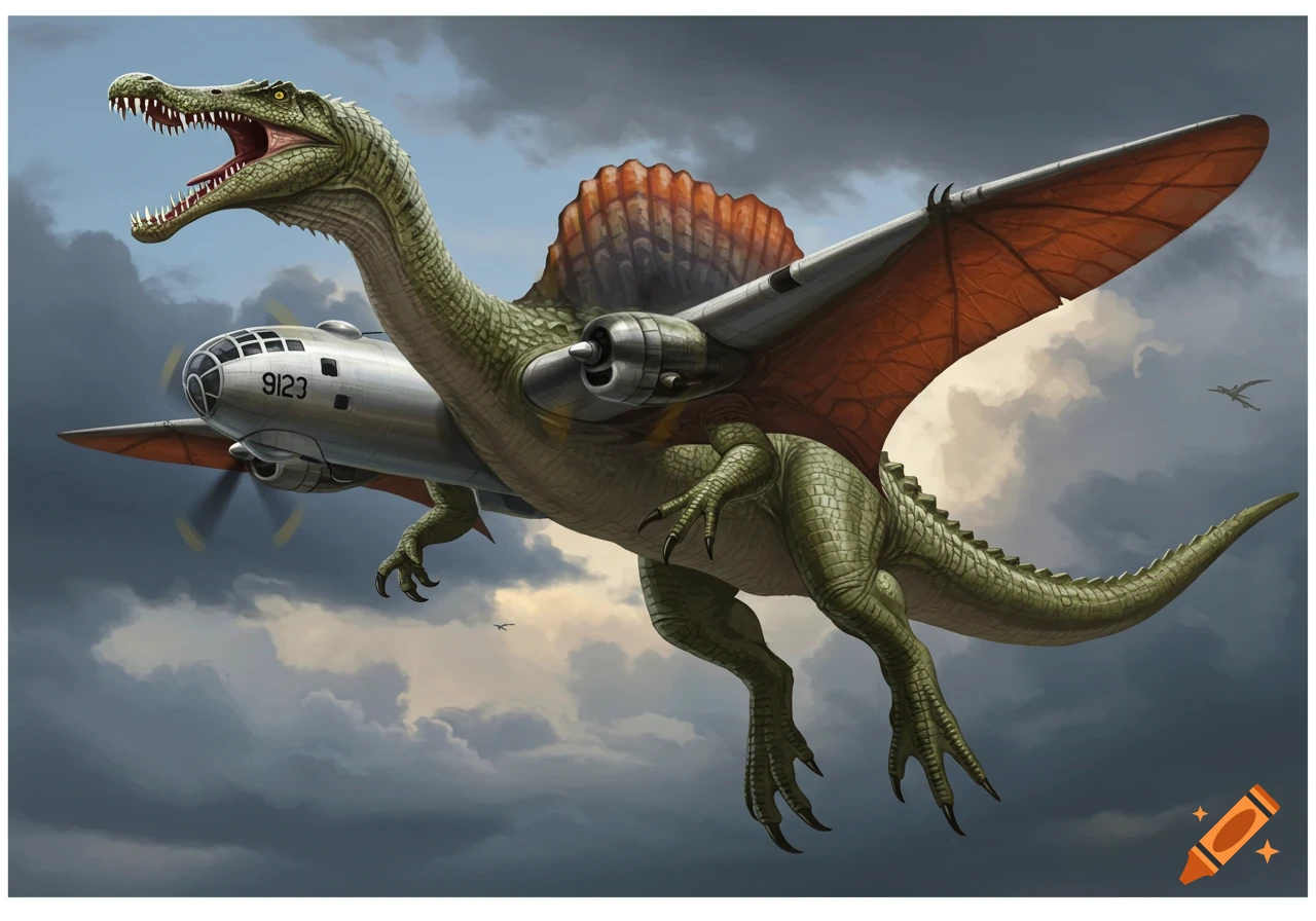 A Spinosaurus dinosaur hybrid with Boeing B-29 Superfortress wings and ...
