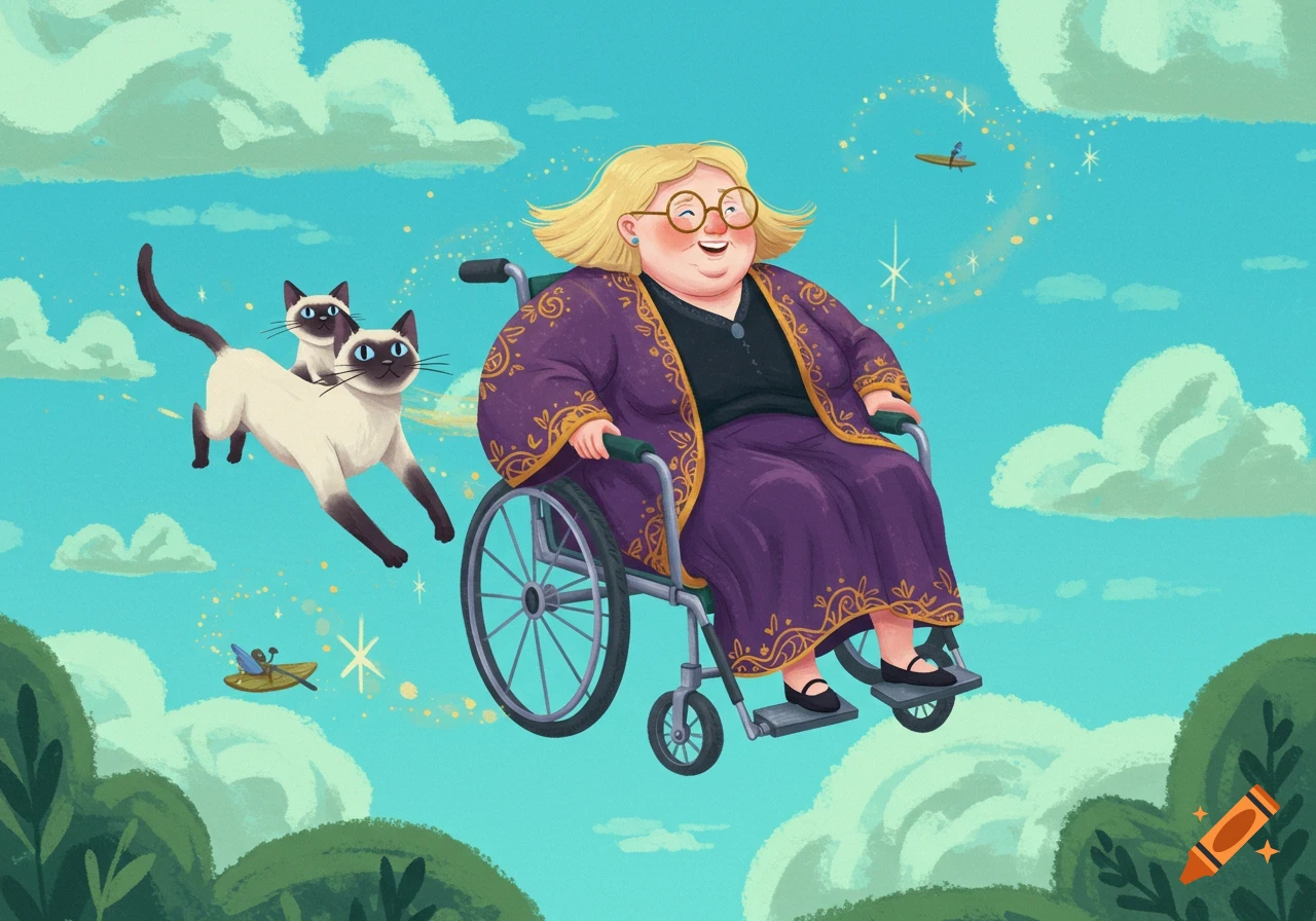 An illustration of a witch in a flying wheelchair pulled by two Siamese ...