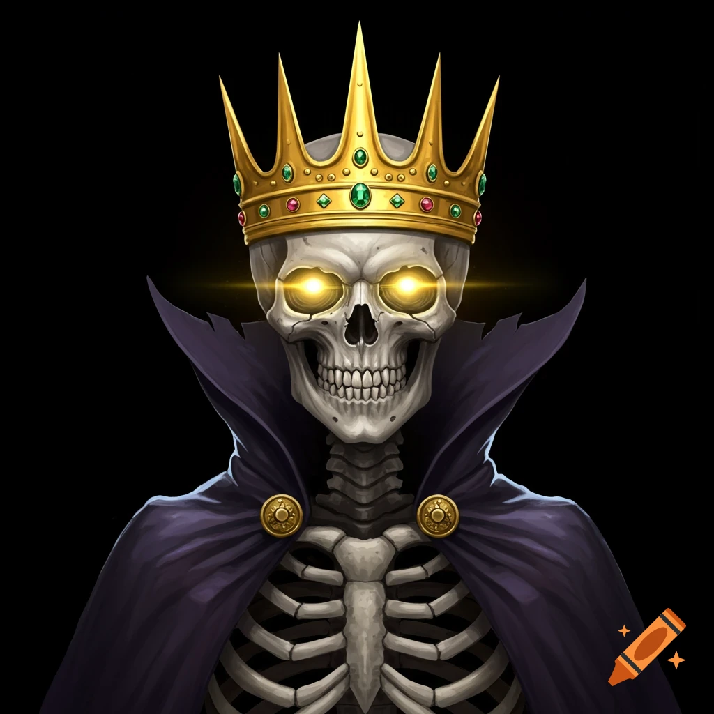 Skeleton with crown, cape, and glowing eyes on Craiyon