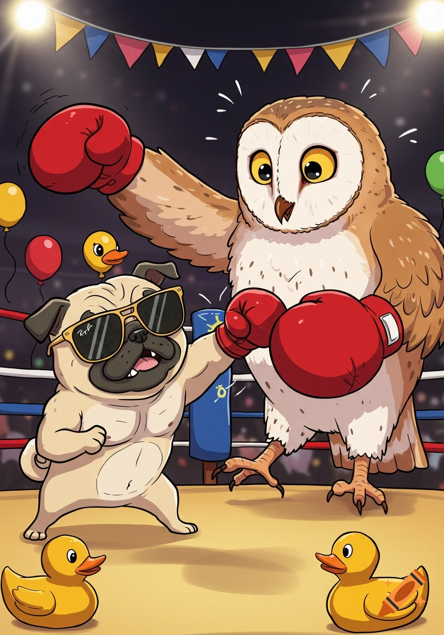 Cartoon pug boxing an owl with sunglasses on Craiyon