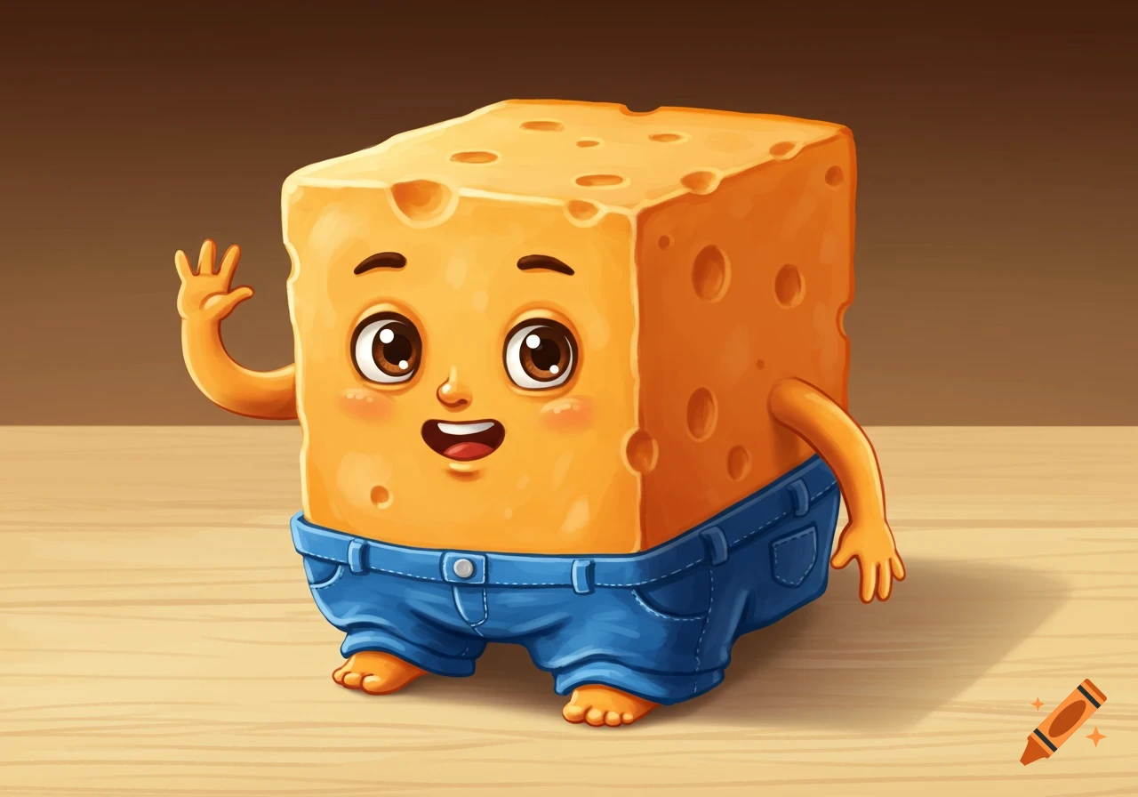 A cartoon block of cheese with a face, arms, hands, and feet, wearing ...
