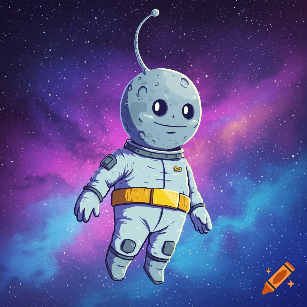 A cartoon moon character wearing a yellow astronaut suit floats in ...