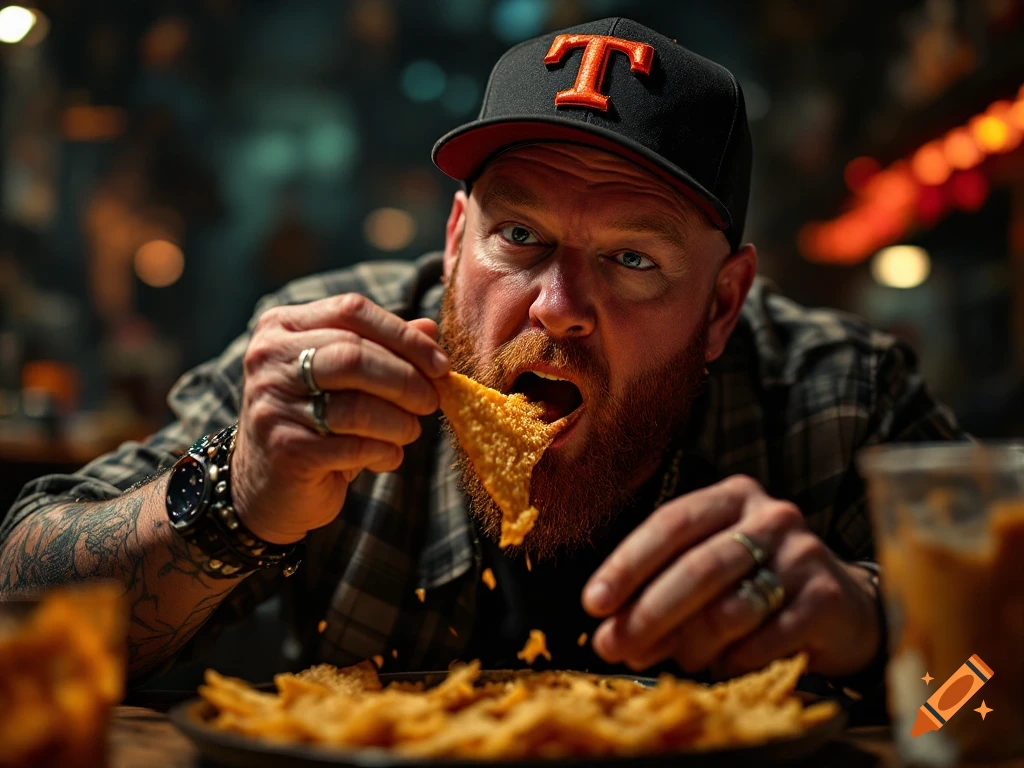 Tattooed man with beard eating a burger in a kitchen. on Craiyon