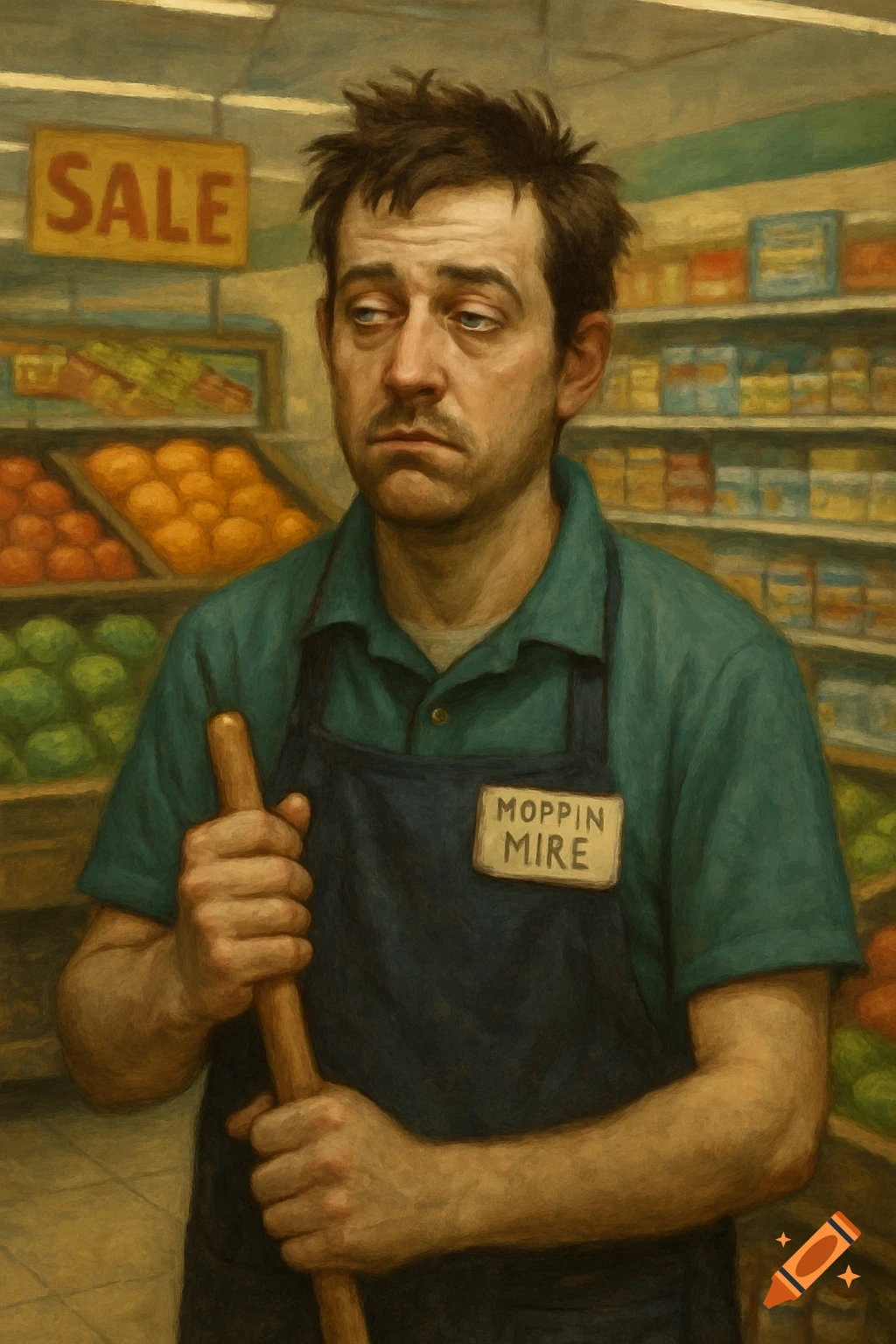 A tired man in a grocery store uniform with a nametag holds a mop in a ...