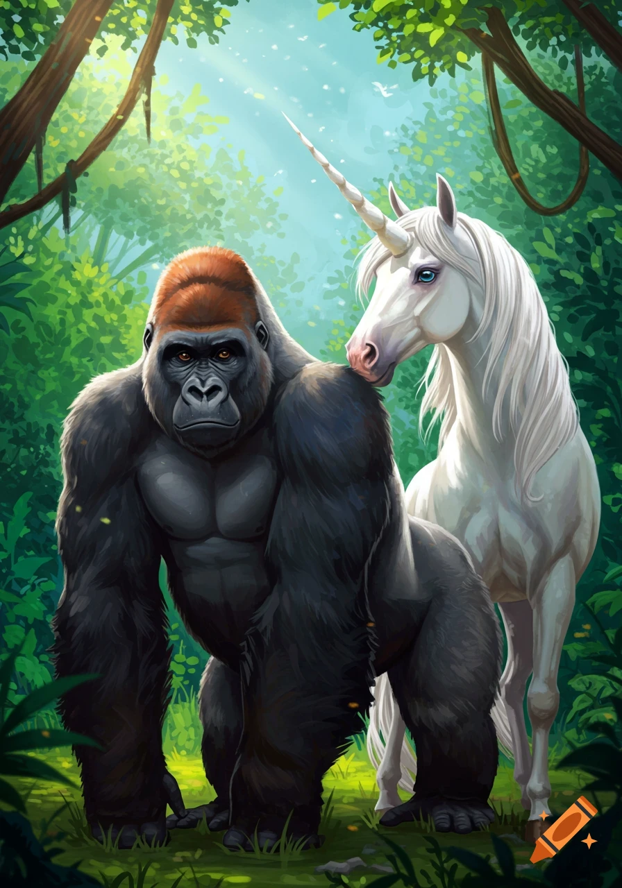 A muscular black gorilla stands beside a white unicorn in a lush, sunlit jungle. on Craiyon
