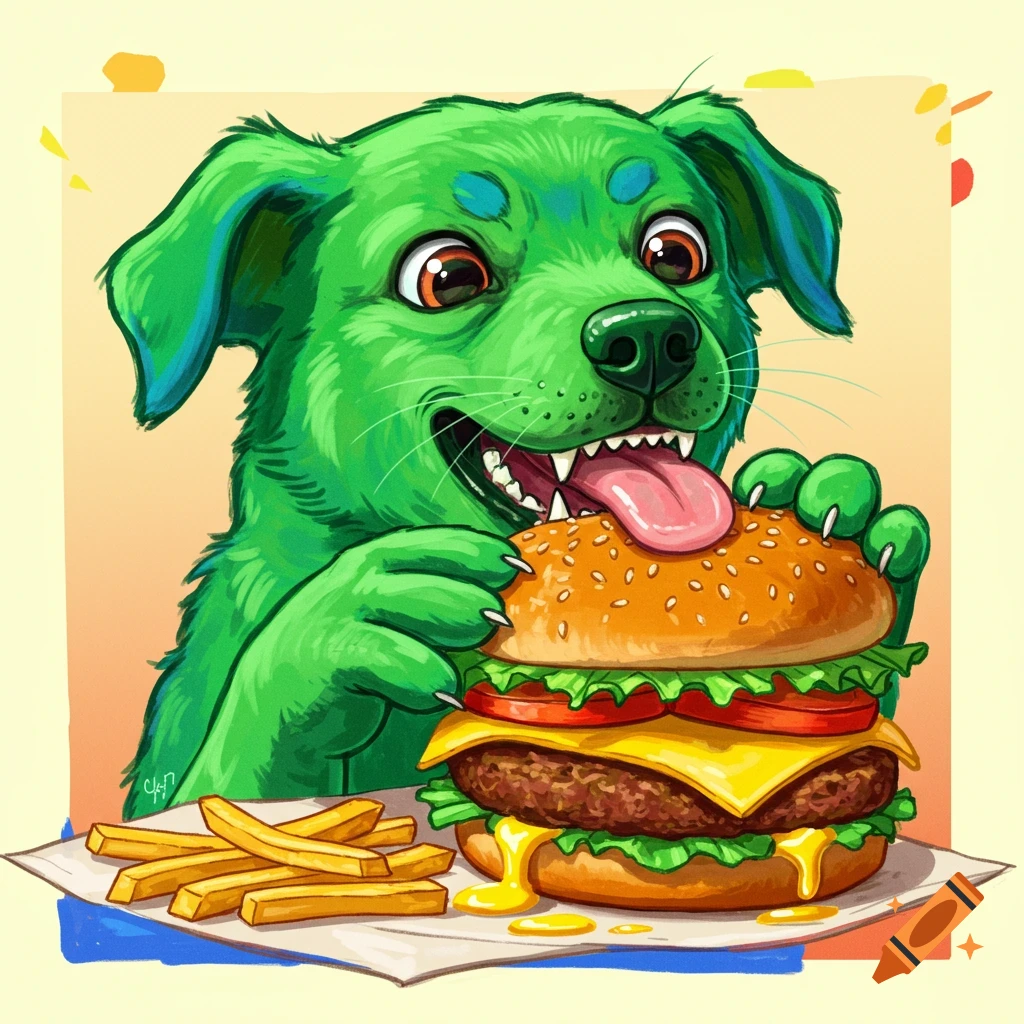 Green cartoon dog happily eating a large cheeseburger and fries on Craiyon