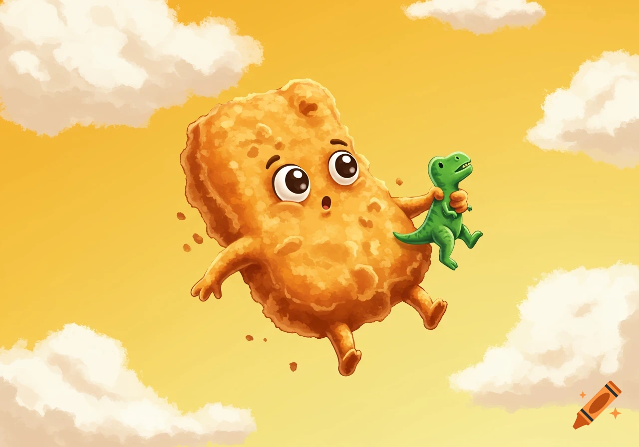 Chicken nugget with eyes doing a backflip and holding a dinosaur on Craiyon