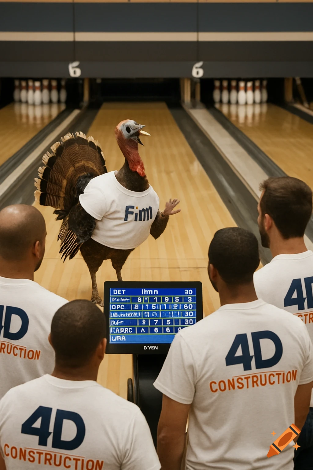 Photorealistic image of a turkey in a bowling alley looking at people ...
