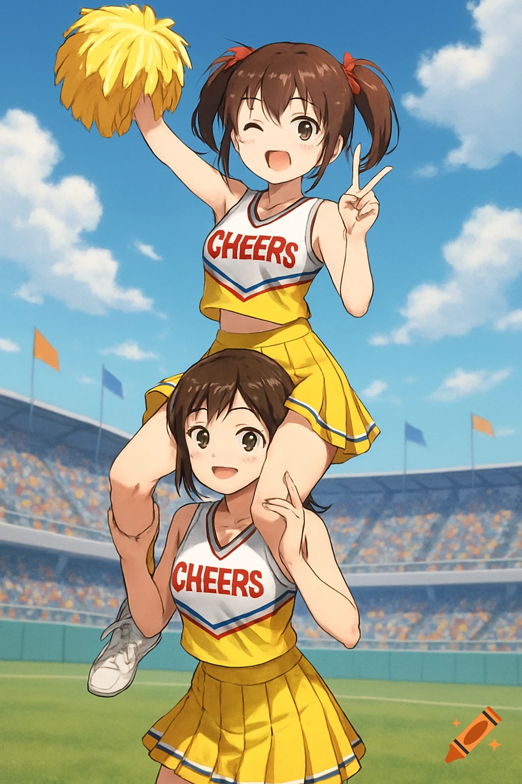 Two anime cheerleaders wearing 'CHEERS' tops, one on the shoulders of ...