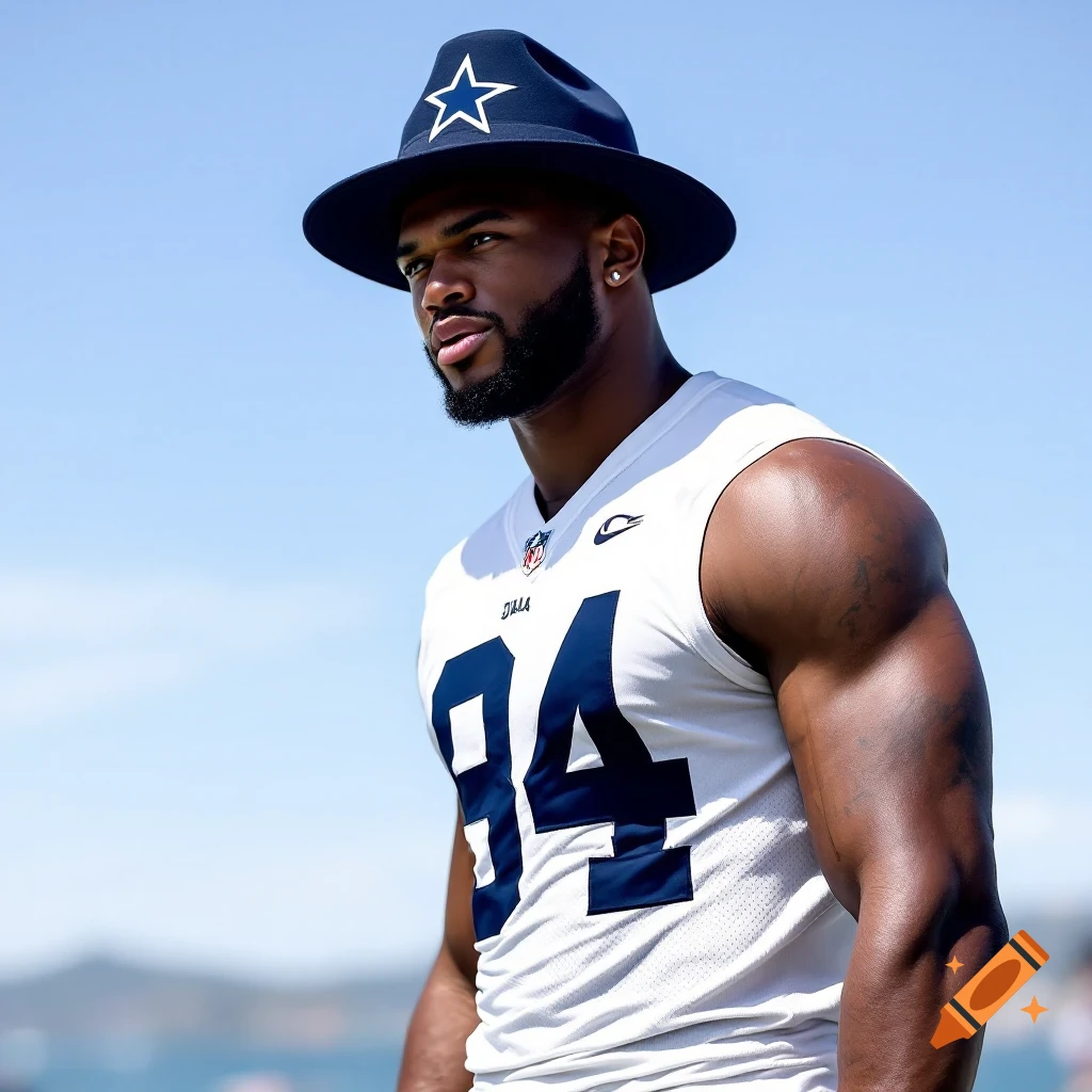 Muscular man in a white football jersey and navy hat with a star. on ...