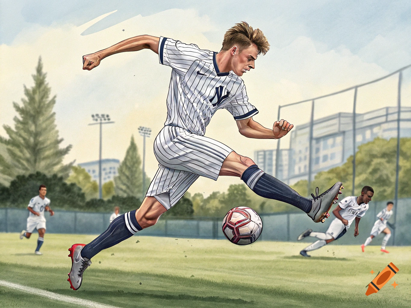 Grayscale image of a soccer player in uniform dribbling a ball on a ...