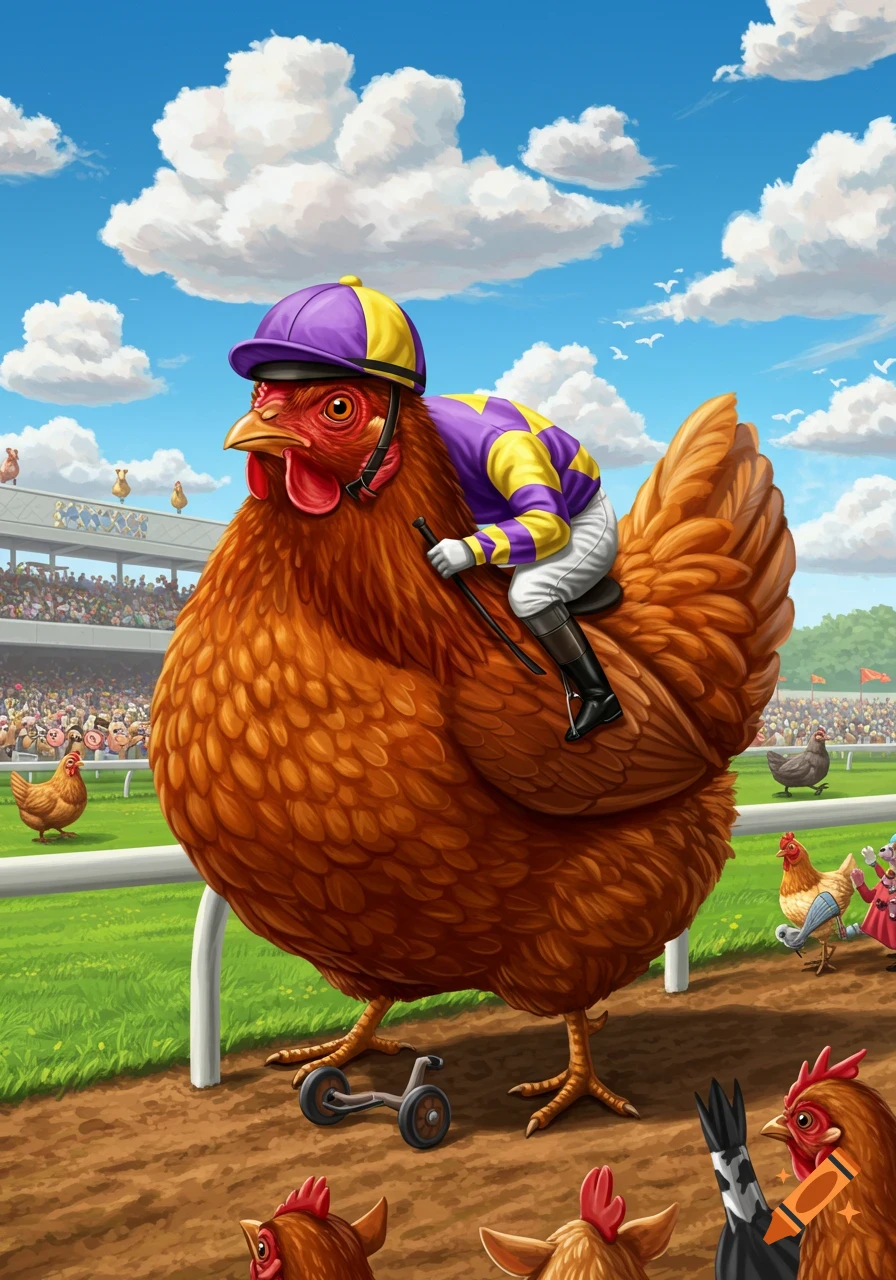 Cartoon jockey rides a giant chicken on a dirt track during a race ...