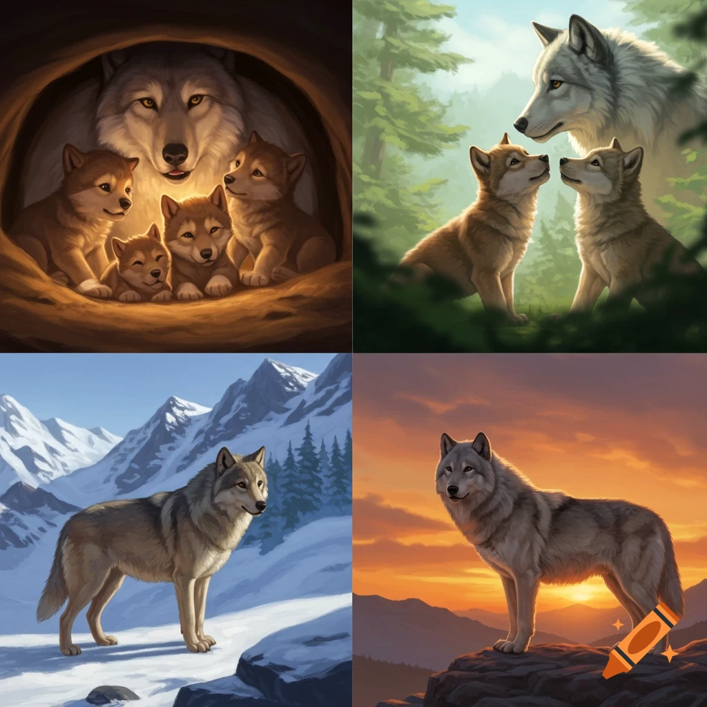 Four panels showing the life of a wolf: pups in a den, pups with mother ...