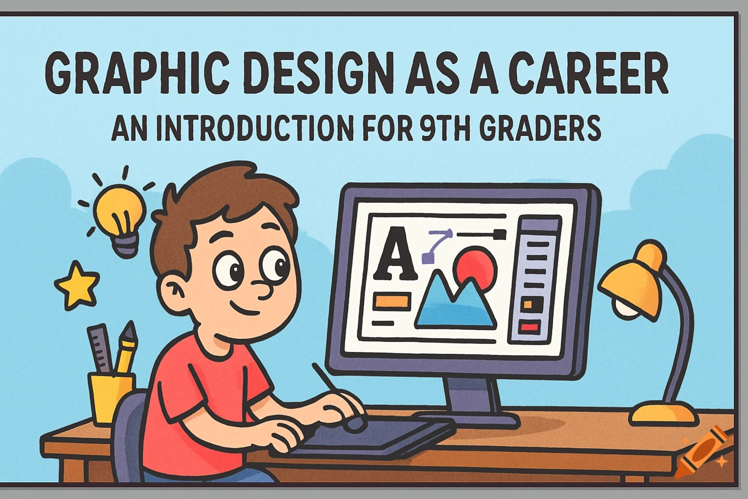 Cartoon illustration of a boy using a graphics tablet and computer ...