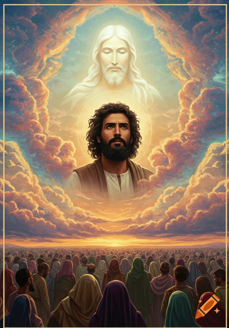 An illustrated scene shows a figure of Jesus looking up at a divine ...