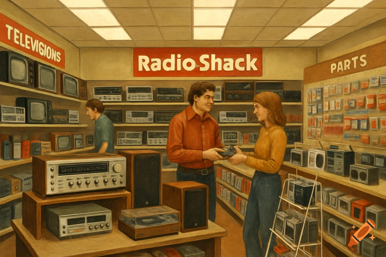 Inside of a Radio Shack store in the 1970s on Craiyon
