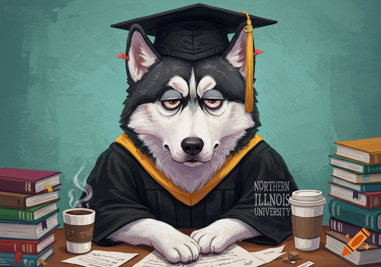 Tired husky graduate student at Northern Illinois University on Craiyon