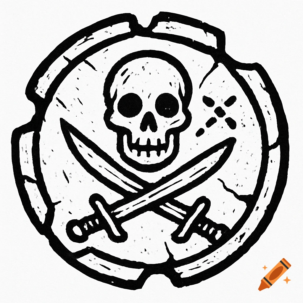 Black and white line art drawing of a pirate coin with skull, crossed ...