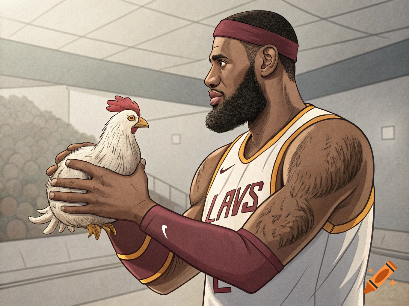 Illustration of LeBron James holding a chicken in a basketball gym on ...