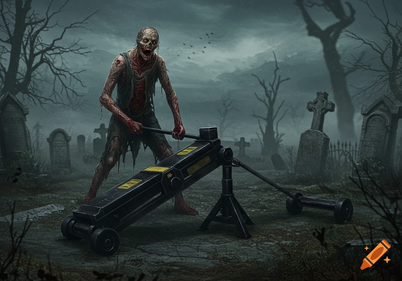 A grotesque zombie pulls a jack stand in a spooky graveyard. on Craiyon