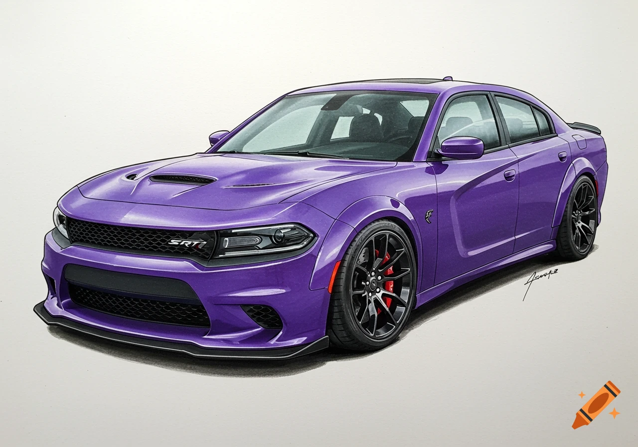 Realistic drawing of a purple SRT Jailbreak Charger Widebody on Craiyon
