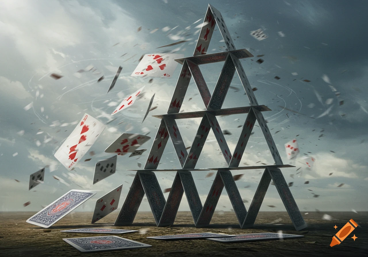 A house of playing cards collapses in a strong wind, with cards flying ...