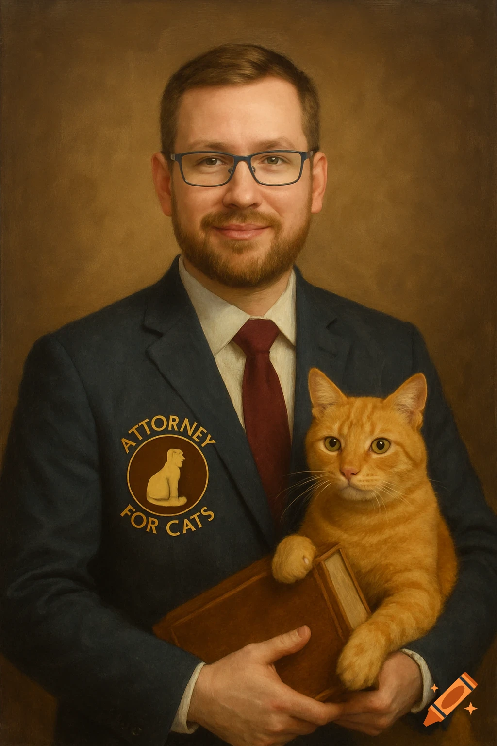 Oil painting portrait of a man in a suit holding an orange cat and a ...