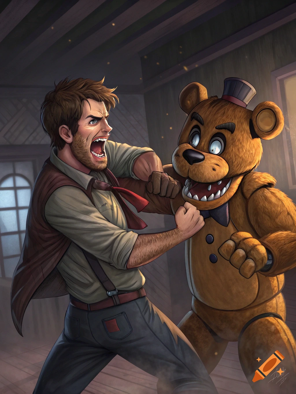 Markiplier boxing Freddy Fazbear in a ring with an audience. on Craiyon