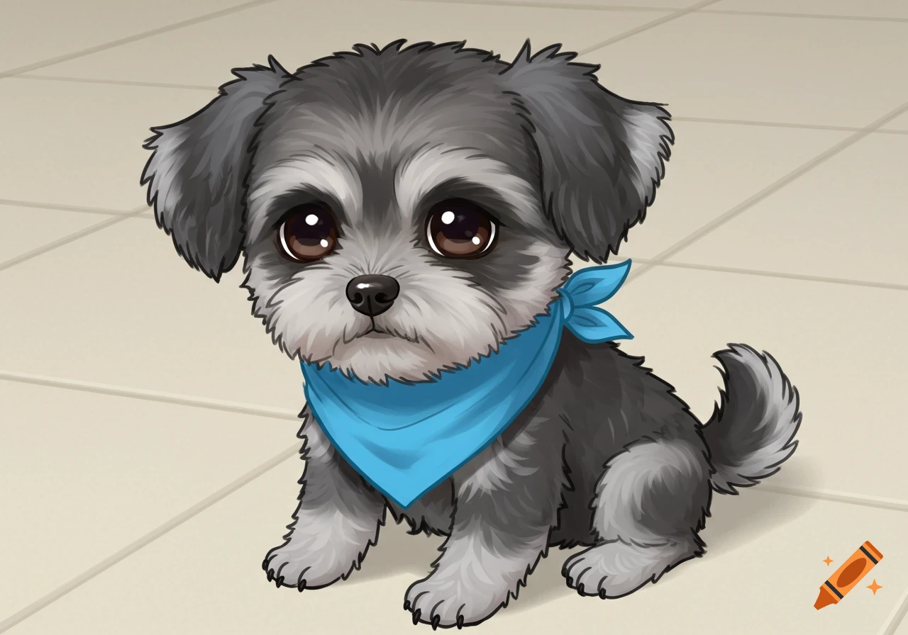 A cute chibi cartoon dog with grey and black fur and a blue bandana ...