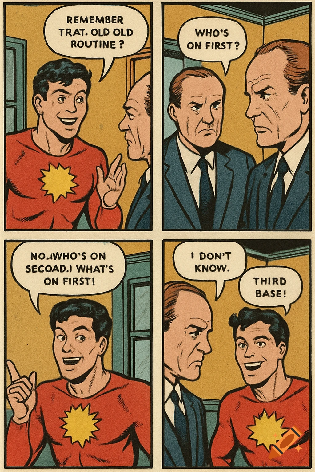 Comic-book style skit with text bubbles on Craiyon