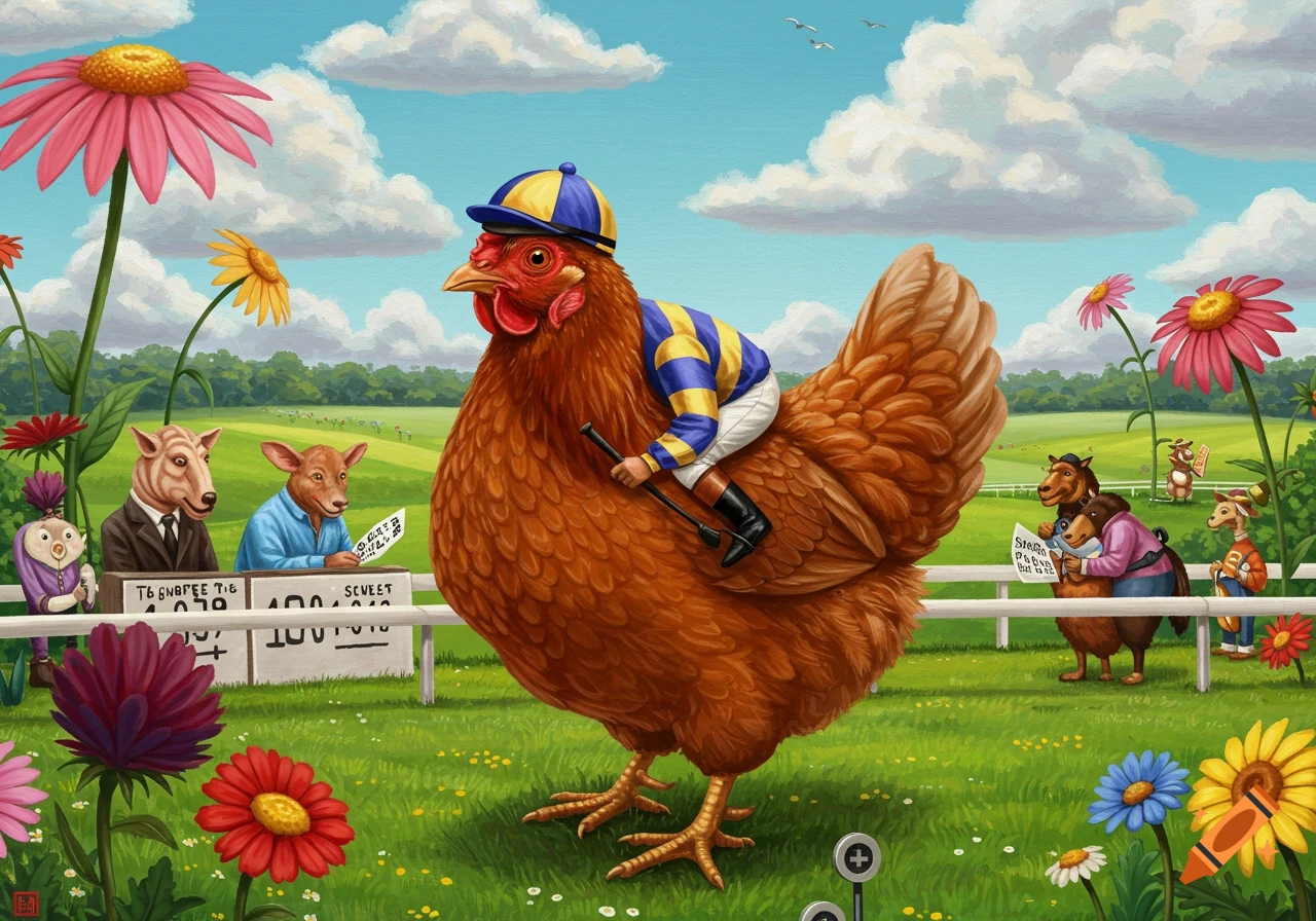 Illustrated fantasy image of a chicken in a jockey uniform racing with ...