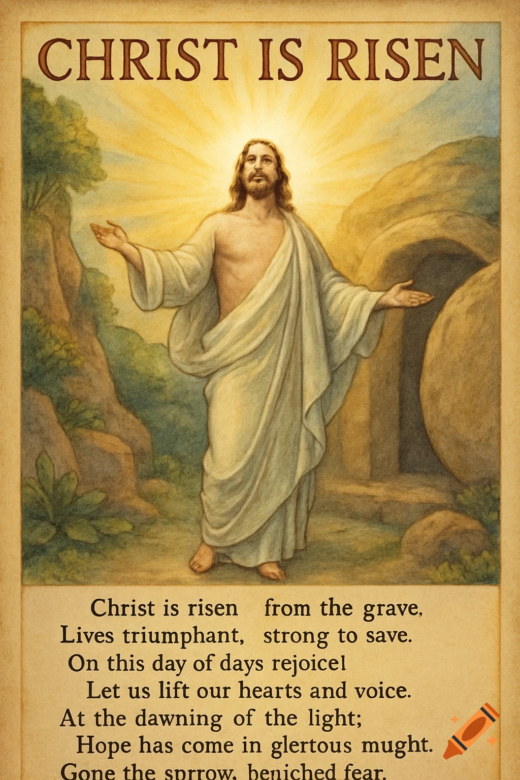 Illustration of Jesus rising from the tomb, arms outstretched, with ...