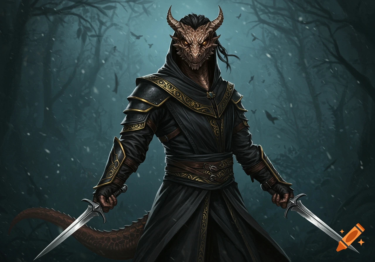 Dragonborn assassin in black robes with daggers on Craiyon