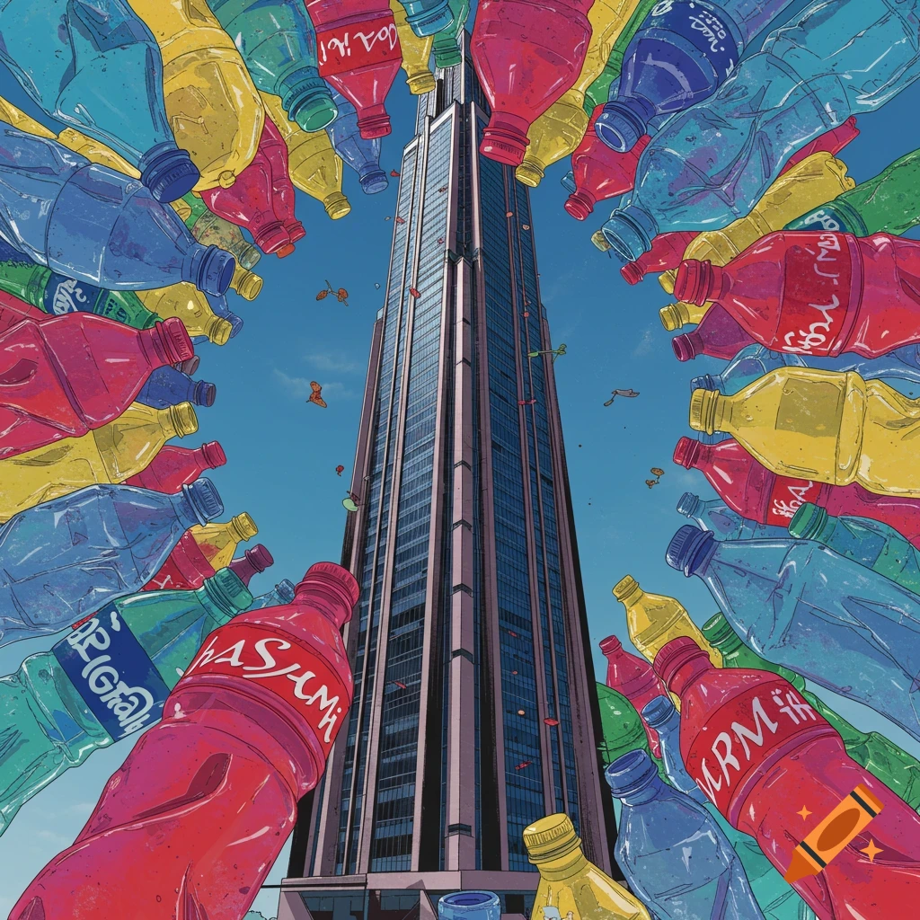 A tall building viewed from below, surrounded by many floating colorful ...