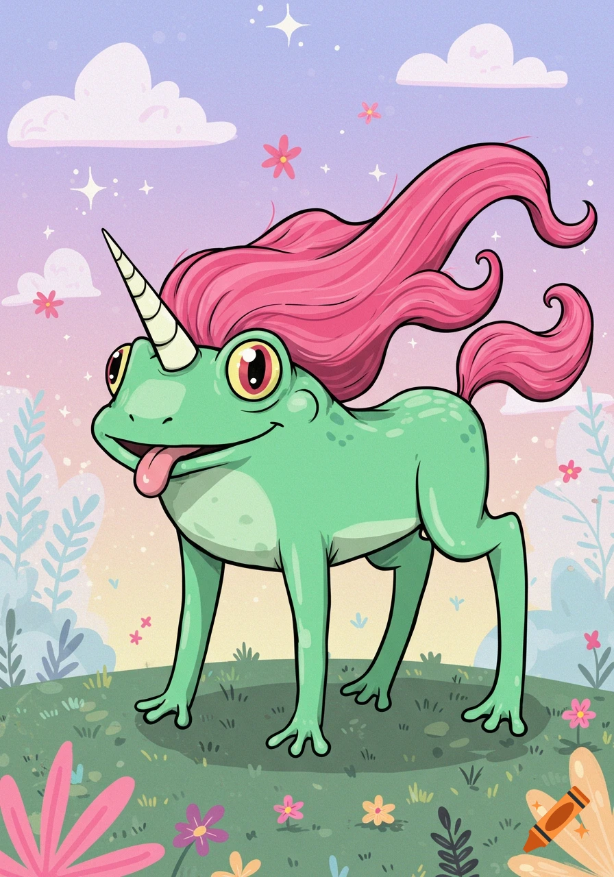 A cartoon frog with a unicorn horn and pink hair stands in a field of ...