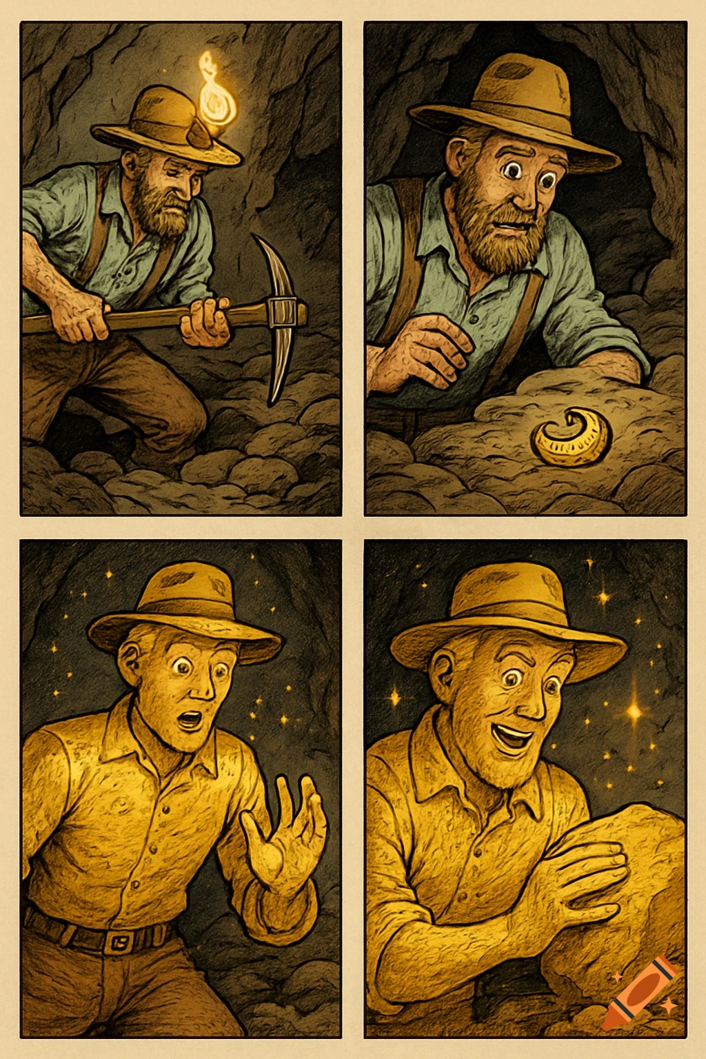 Comic strip of gold rush miner discovering a magic item and gaining the ...