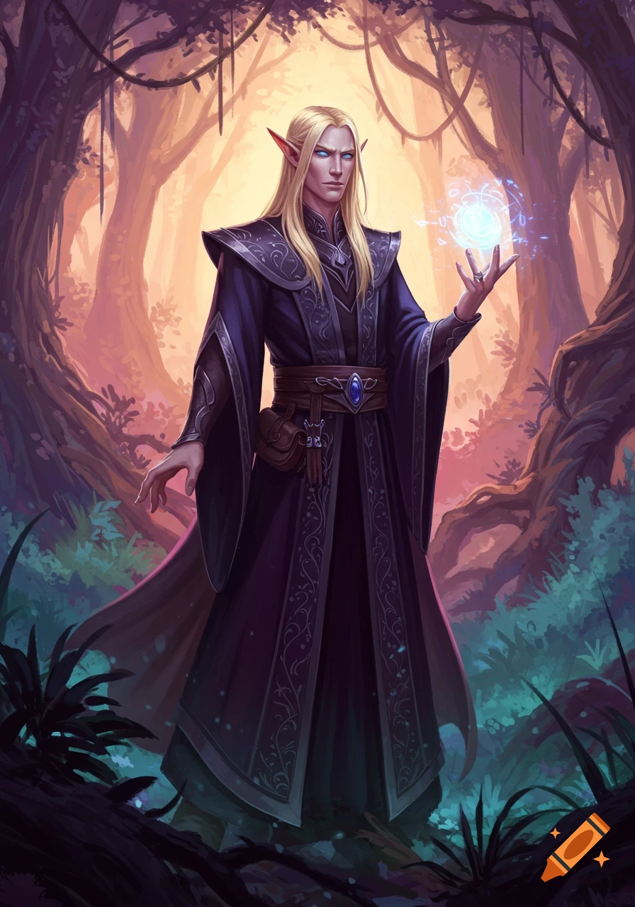 Blond elf sorcerer casting magic in a forest, digital fantasy art. on Craiyon