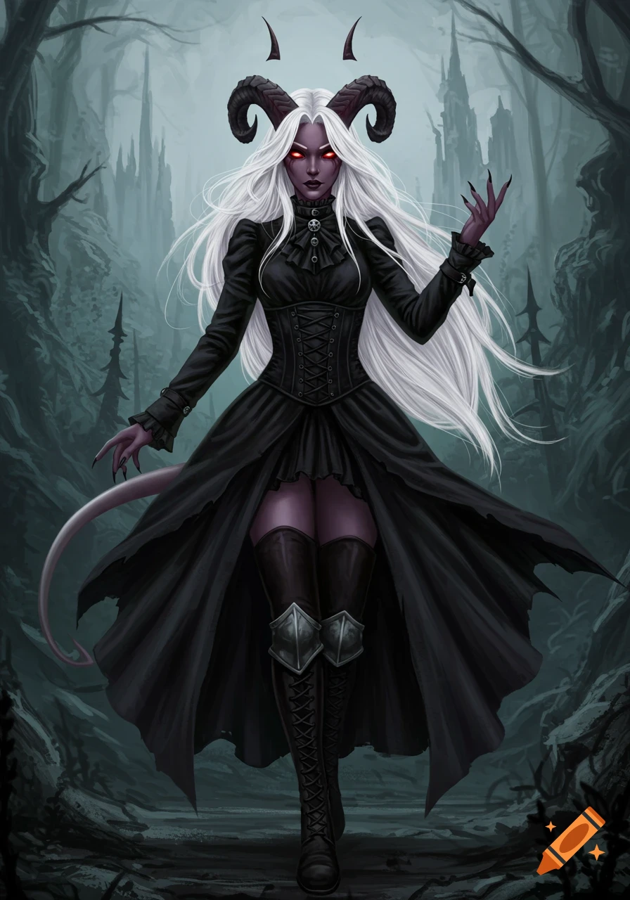 Goth tiefling female character in Victorian dress on Craiyon